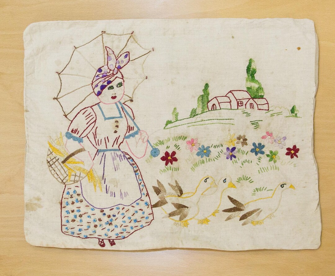 Vintage Village Life Embroidery, Hand-stitched Rural Scene, 38 X 44 Cm ...