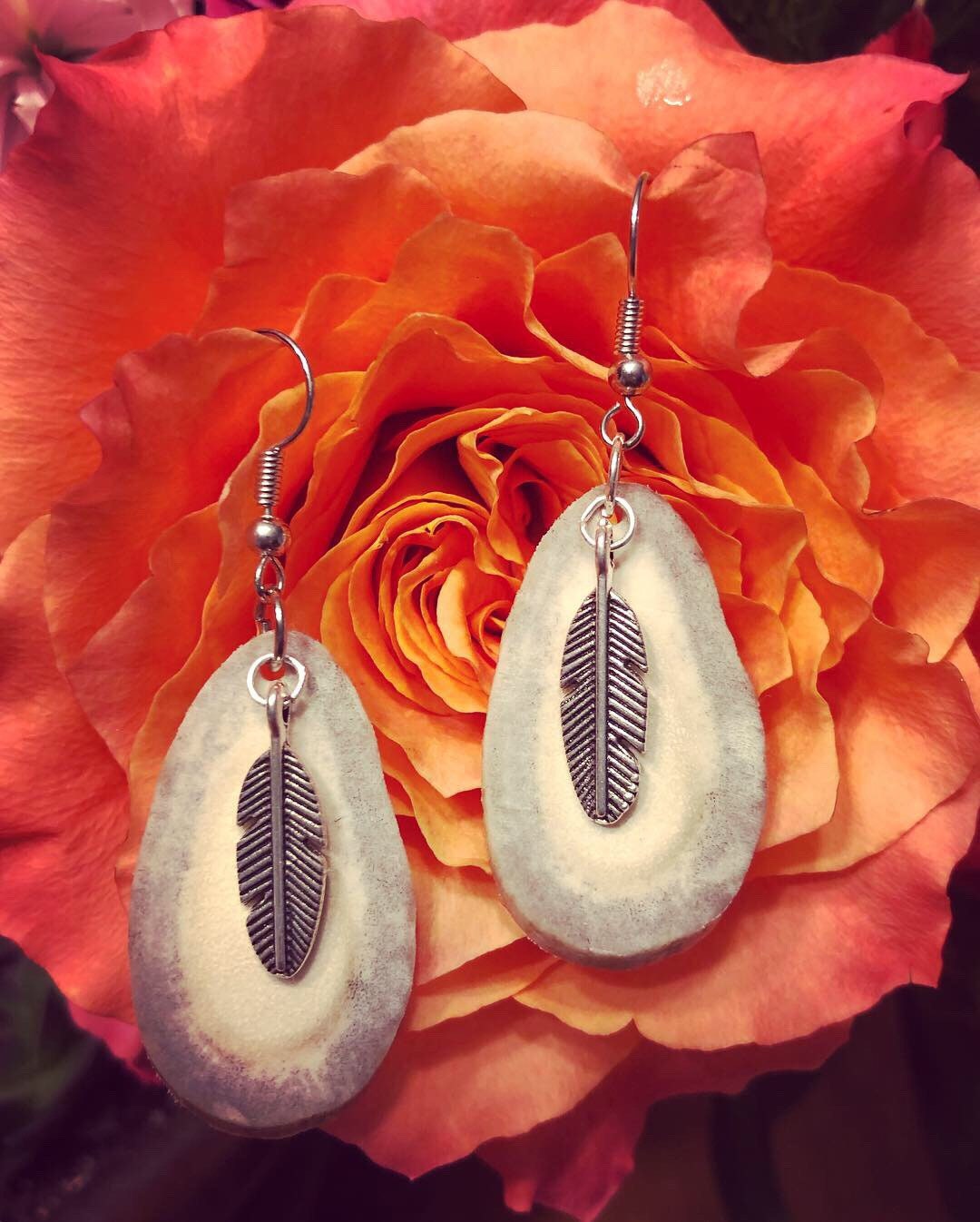 Deer Antler Slice Earrings With Feather Charm Real Antler - Etsy
