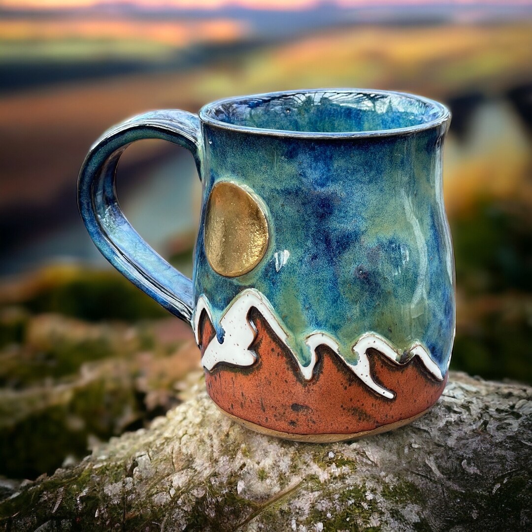 Handmade Pottery Mug With Mountains and 22k Gold Moons 18oz. - Etsy