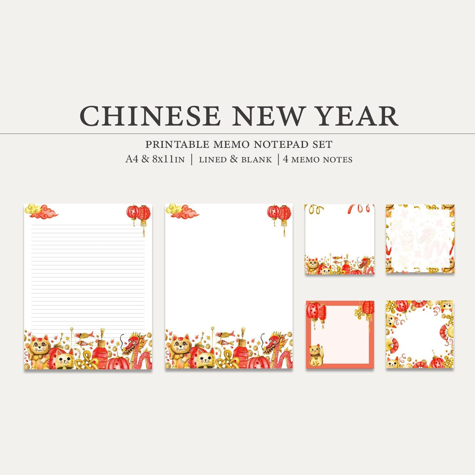 Chinese Lunar New Year Sticky Memo Note Printable | 4 Styles | 8x11 ...