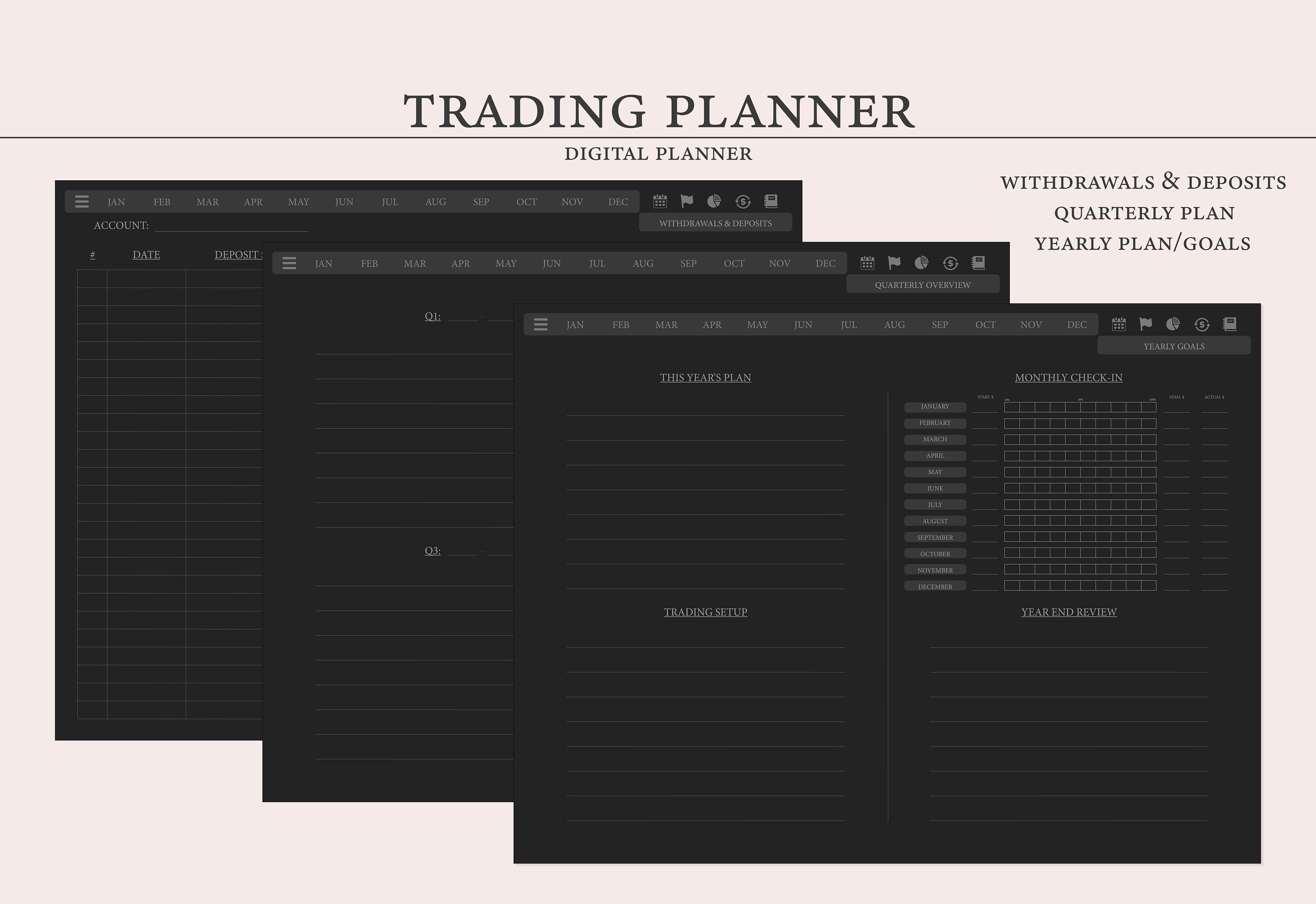 DARK | Undated Digital Stock Trading Planner | Trading Log | Investment ...