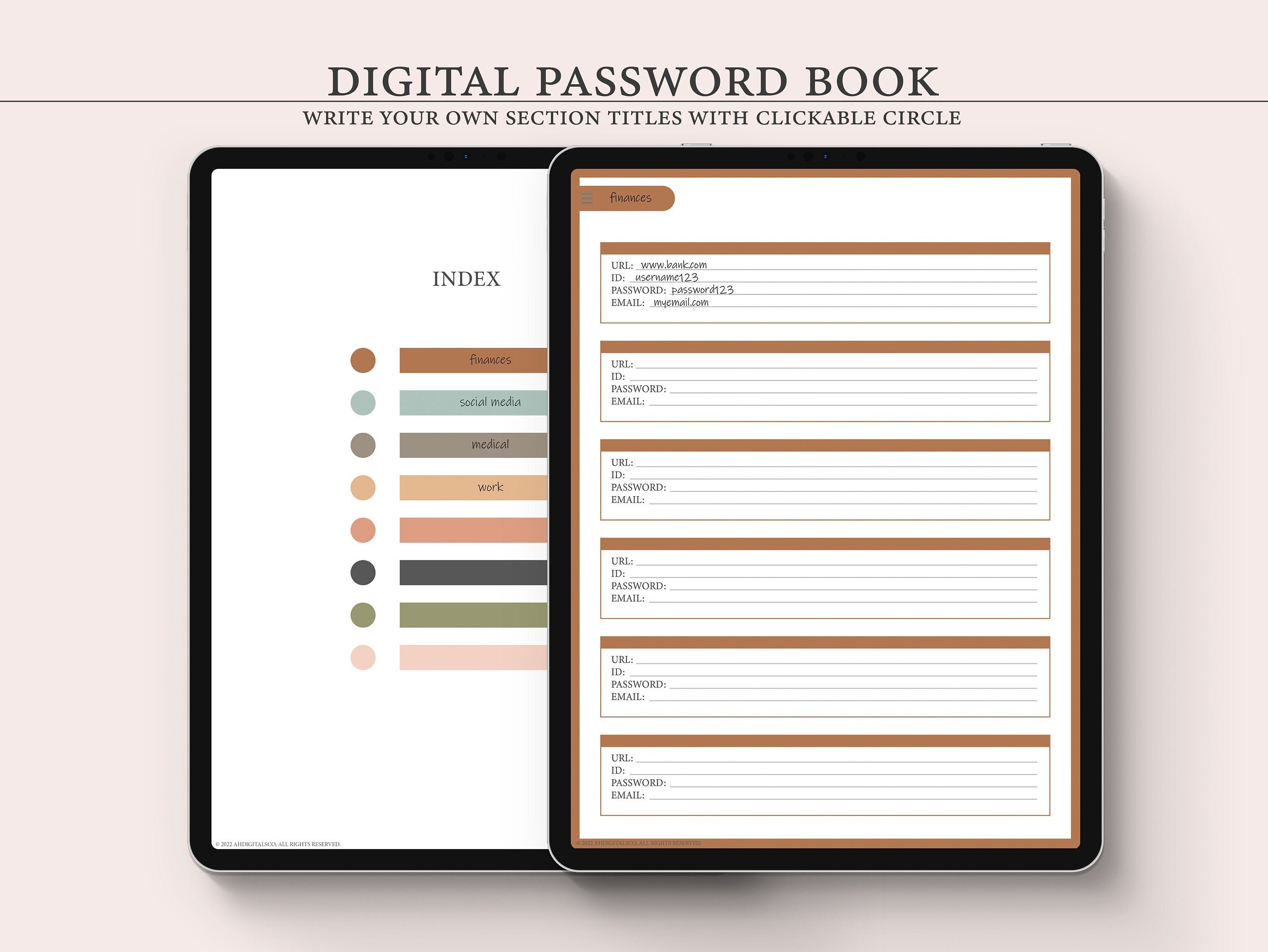 Hyperlinked Cozy Password Book Template With 8 Sections | Vertical ...