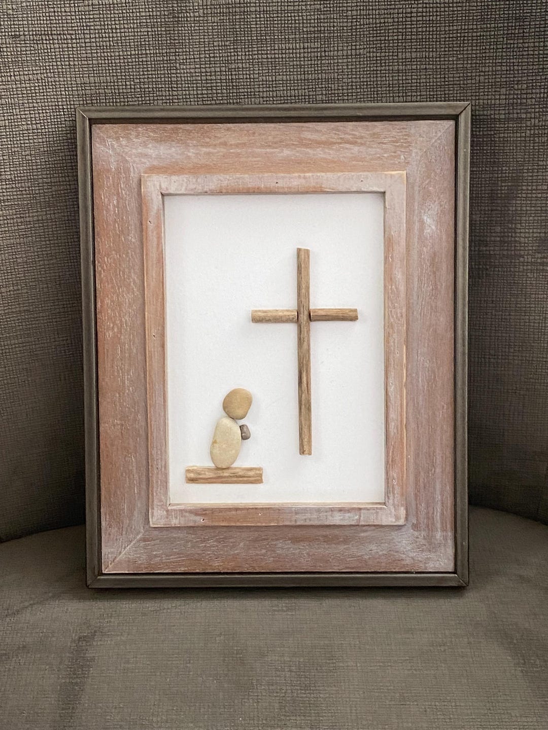 PEBBLE ART, at the Foot of the Cross, 8" X 10" Brown Wood Frame, Brown ...