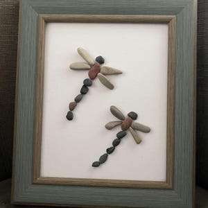 PEBBLE ART, "two Dragonflies", 11" X 13" Gray Wood Frame, Nature ...