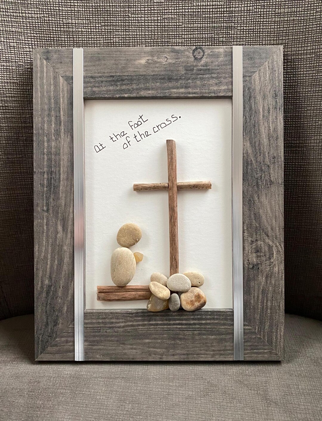 PEBBLE ART, at the Foot of the Cross, 8 X 10 Brown Wood Grain Frame ...