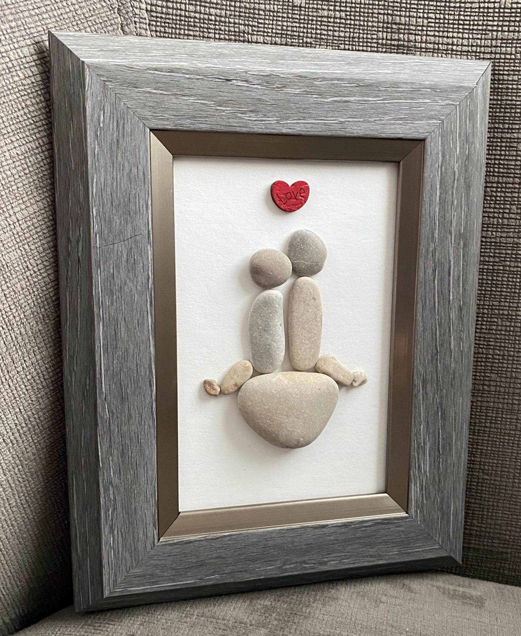PEBBLE ART, Couple Sitting on Rock Back to Back, 5 X 7 Black Wood Grain ...