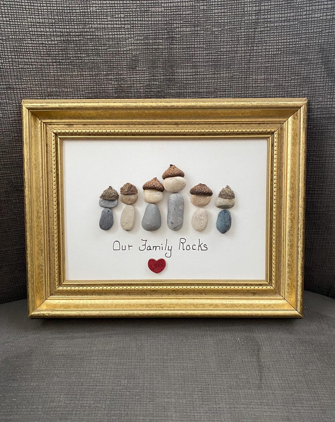 PEBBLE ART, our Family Rocks, 7 X 9 Gold Wood Frame, Family of Six ...