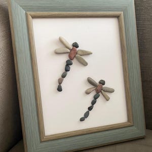 PEBBLE ART, "two Dragonflies", 11" X 13" Gray Wood Frame, Nature ...