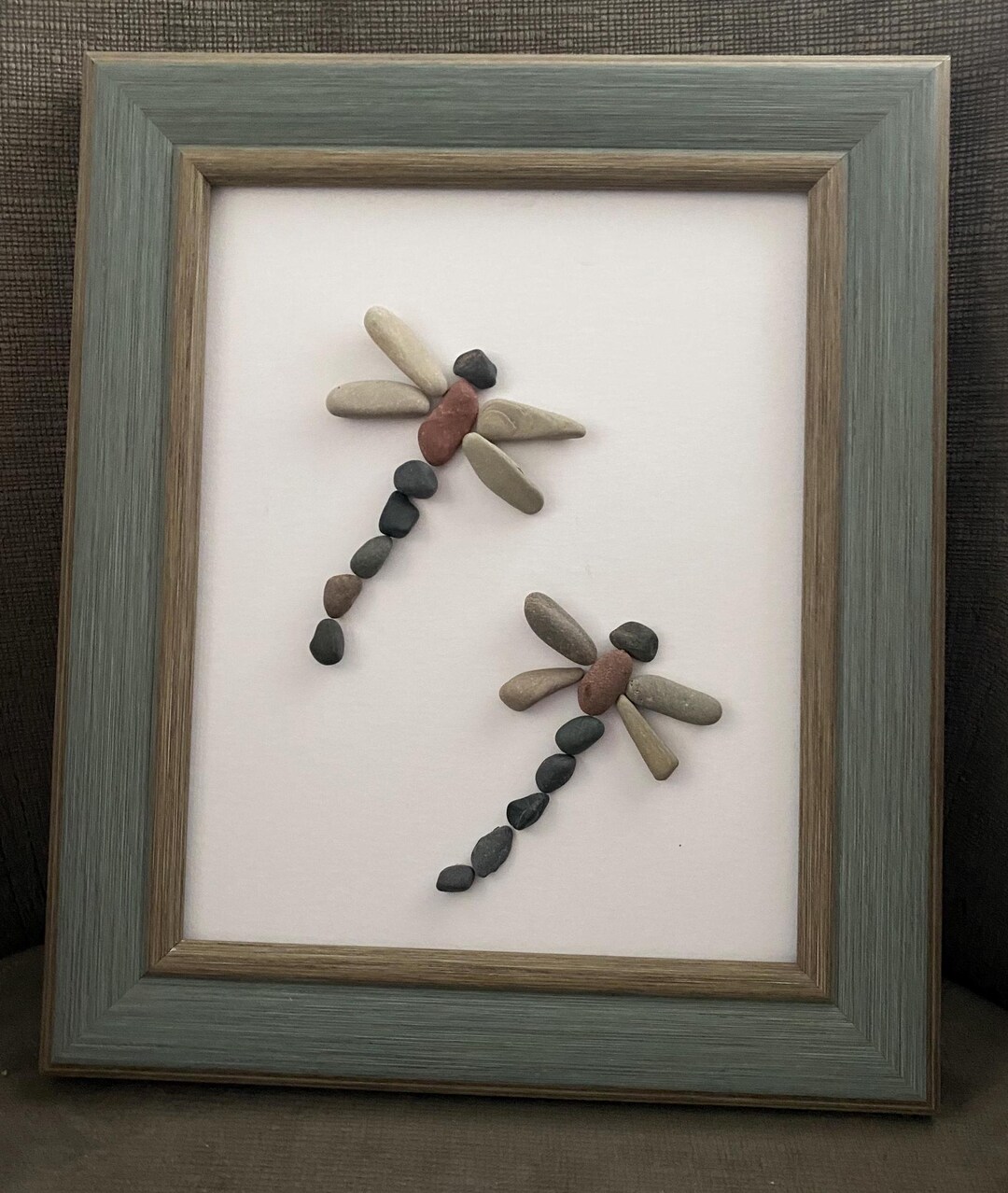 PEBBLE ART, "two Dragonflies", 11" X 13" Gray Wood Frame, Nature ...