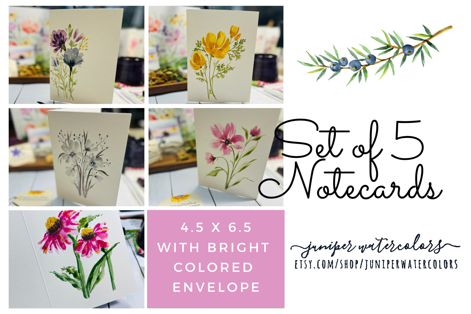 Set of 5 Floral Watercolor Notecard Sets, Stationary - Etsy