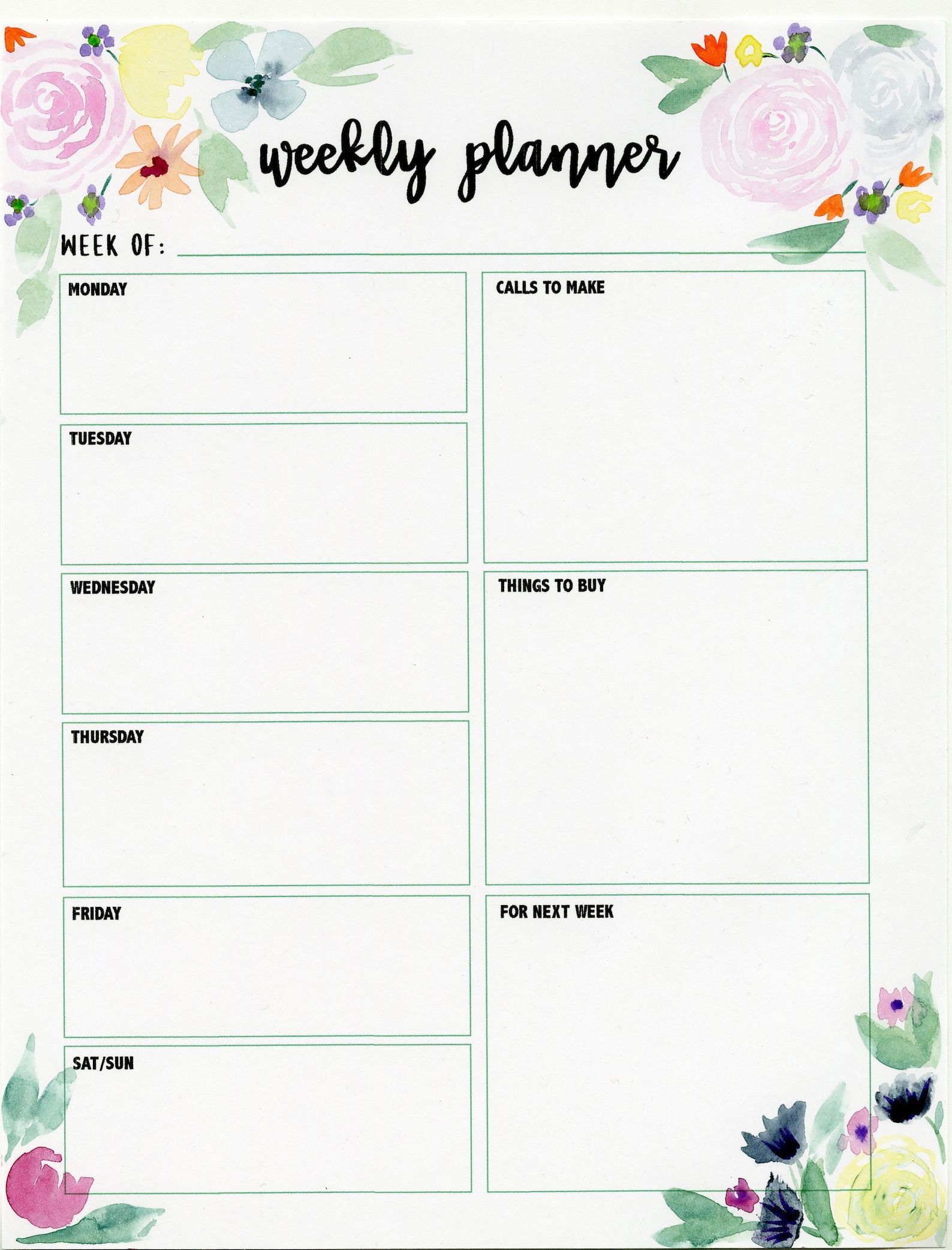 Watercolor Weekly Planner, Printable, Instant Download, Planner ...