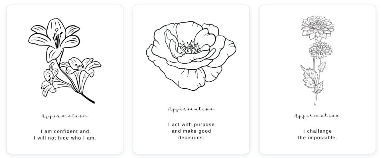 Botanical Positive Affirmation Coloring Pages. Adults, Kids, Greyscale ...