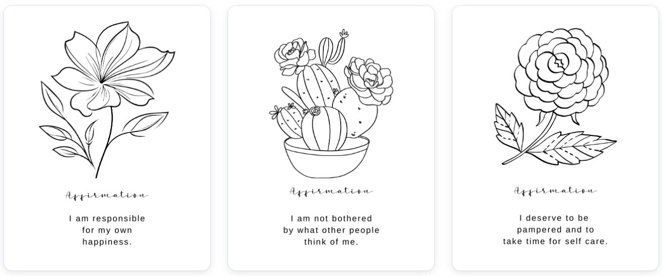 Botanical Positive Affirmation Coloring Pages. Adults, Kids, Greyscale ...