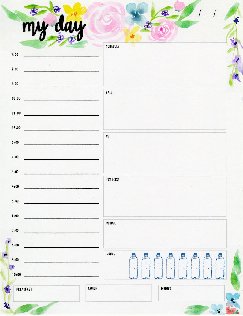 Watercolor Daily Planner, Printable, Instant Download, Planner Template ...