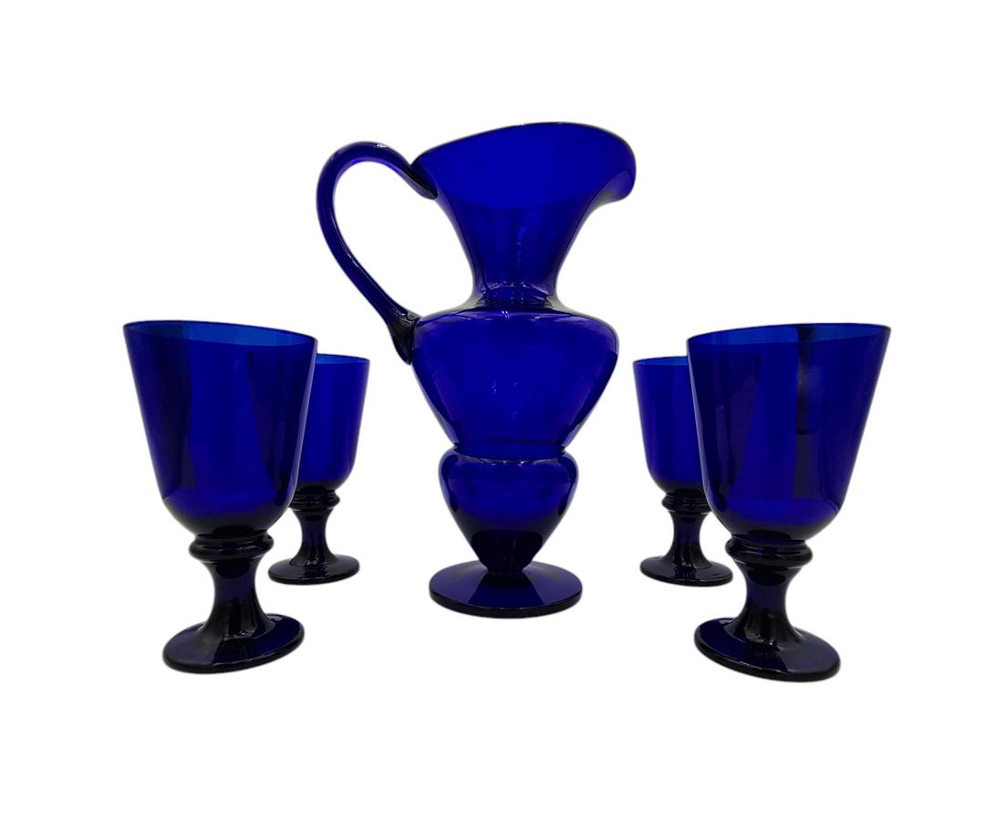 Cobalt Blue Pitcher With Four Matching Glasses Stiegel Style Drinkware ...