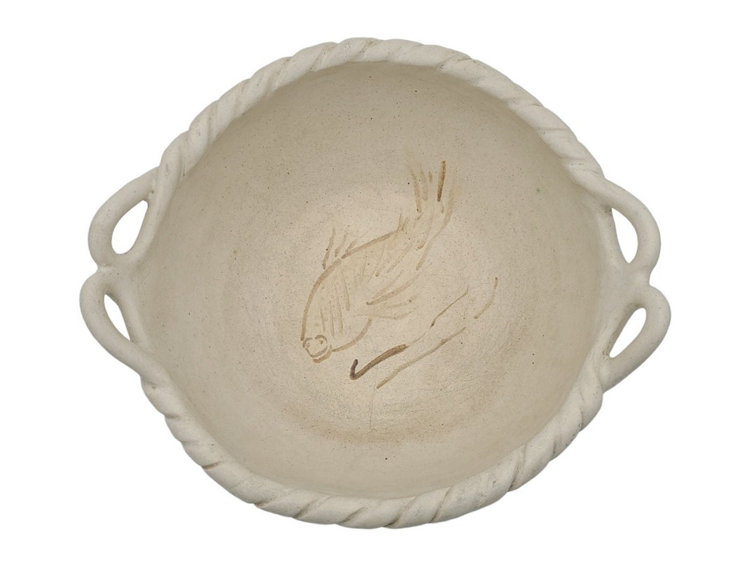 Large Stoneware Happy Fish Bowl With Spiral Pattern Rim, Two Handles ...