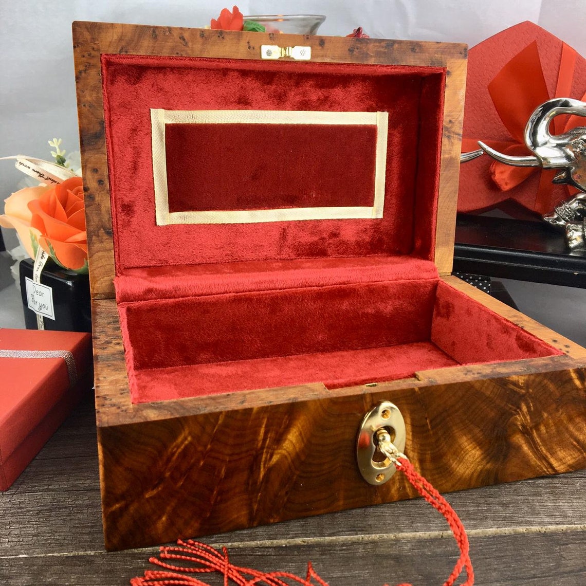Handmade Decorative red velvet lined Jewelry box Thuya wooden | Etsy