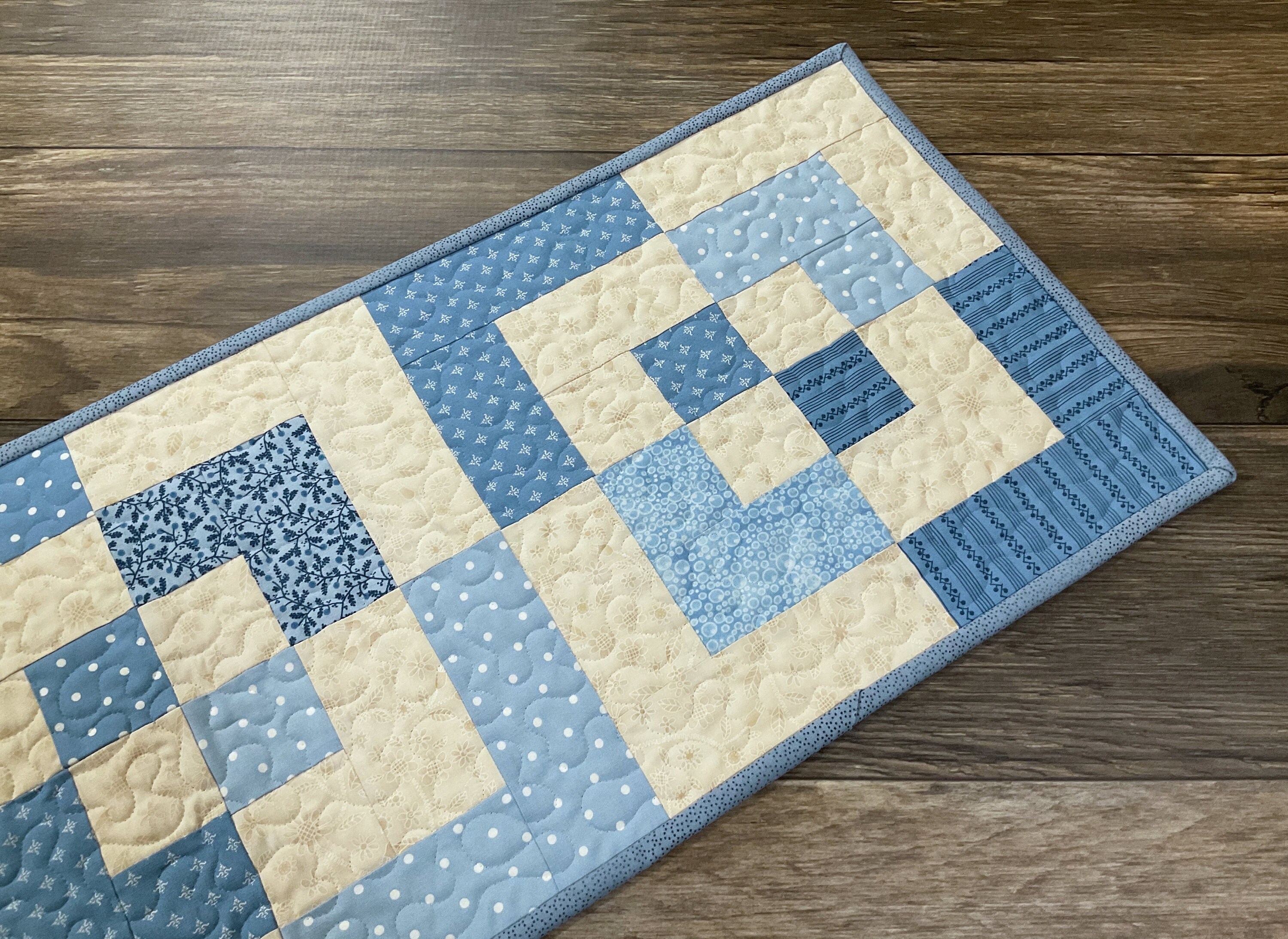 Quilted Light Blue and Cream Table Runner With Scrappy Bento | Etsy
