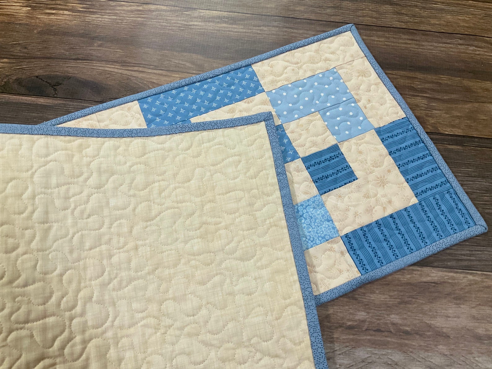 Quilted Light Blue and Cream Table Runner With Scrappy Bento | Etsy