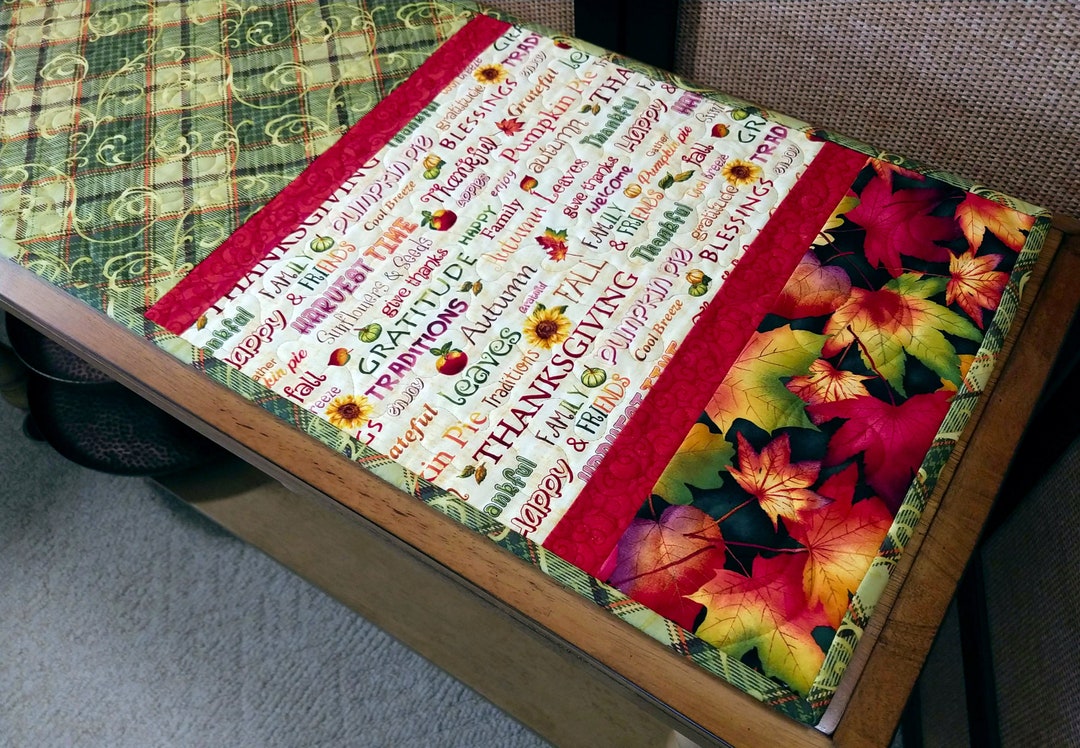 Fall Plaid, Word Print, Falling Leaves Quilted Table Runner, 47.5" X 14 ...
