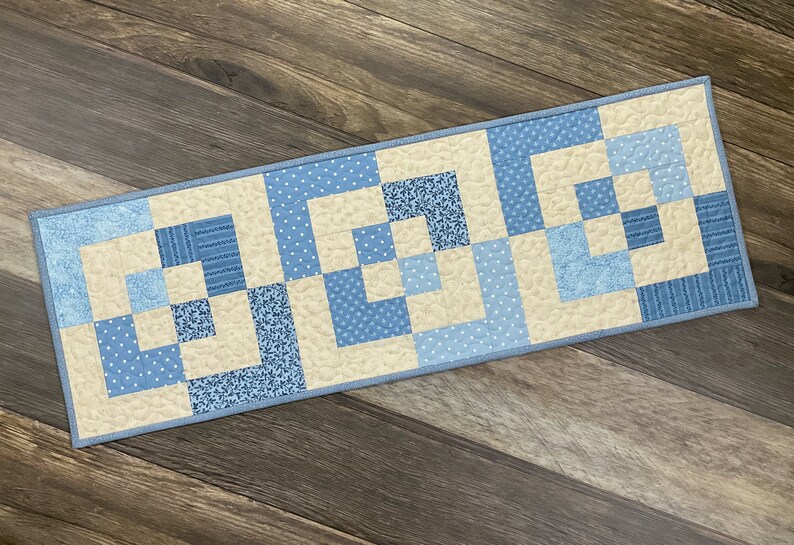 Quilted Light Blue and Cream Table Runner With Scrappy Bento | Etsy