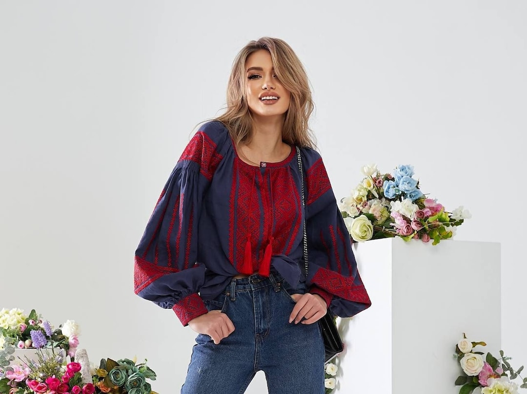 Blue Linen Blouse With Red Embroidered, Ukrainian Minimalist Vyshyvanka ...
