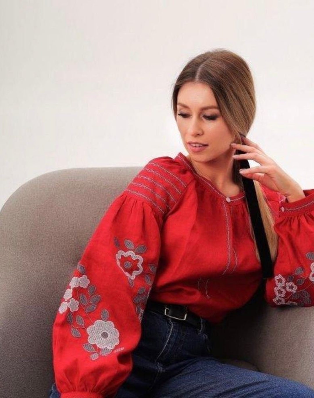 Red Embroidered Blouse, Red Ukrainian Linen Blouse With Floral ...