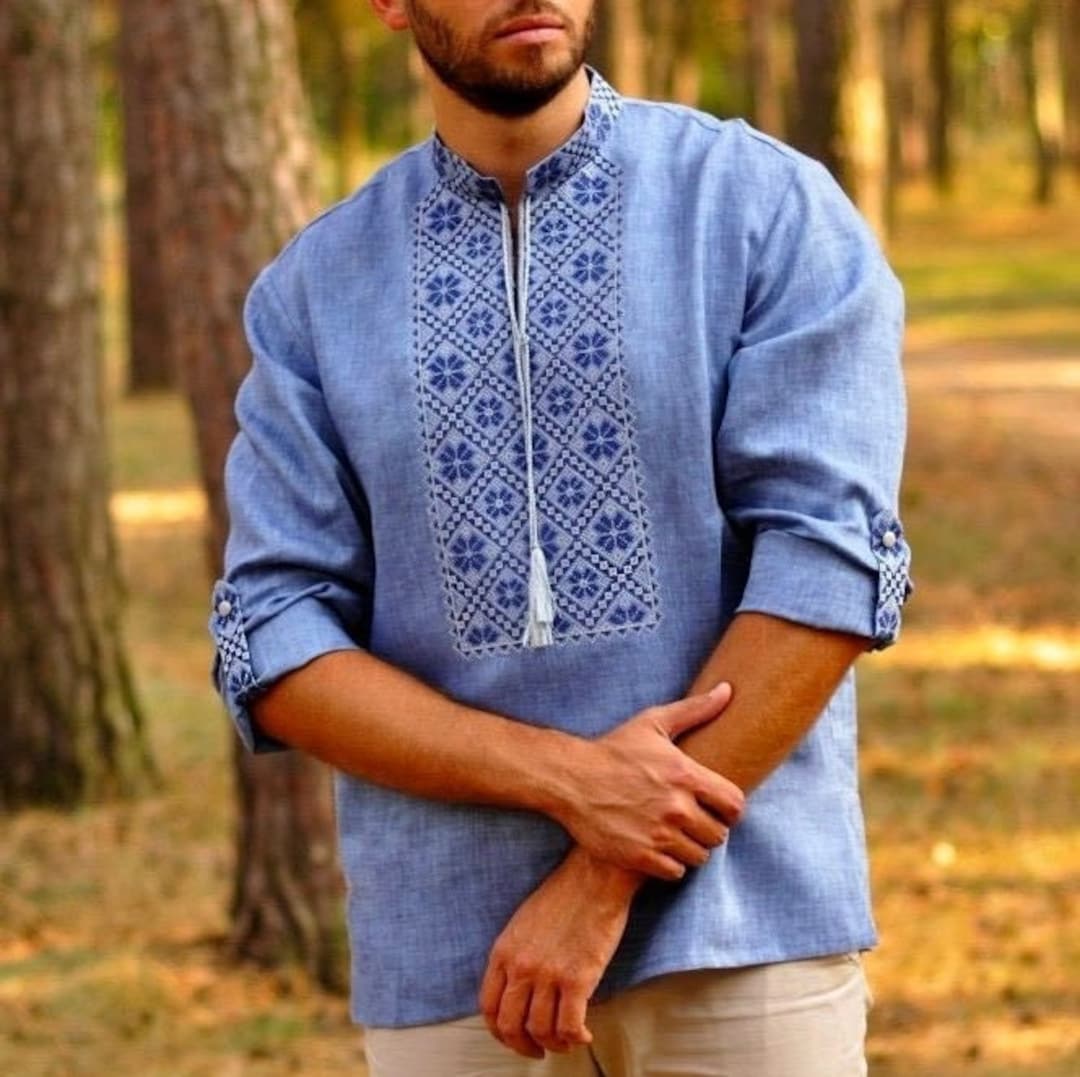 2026 Blue Ukrainian Shirt for Men. Linen Shirt, Men's Embroidered Shirt ...