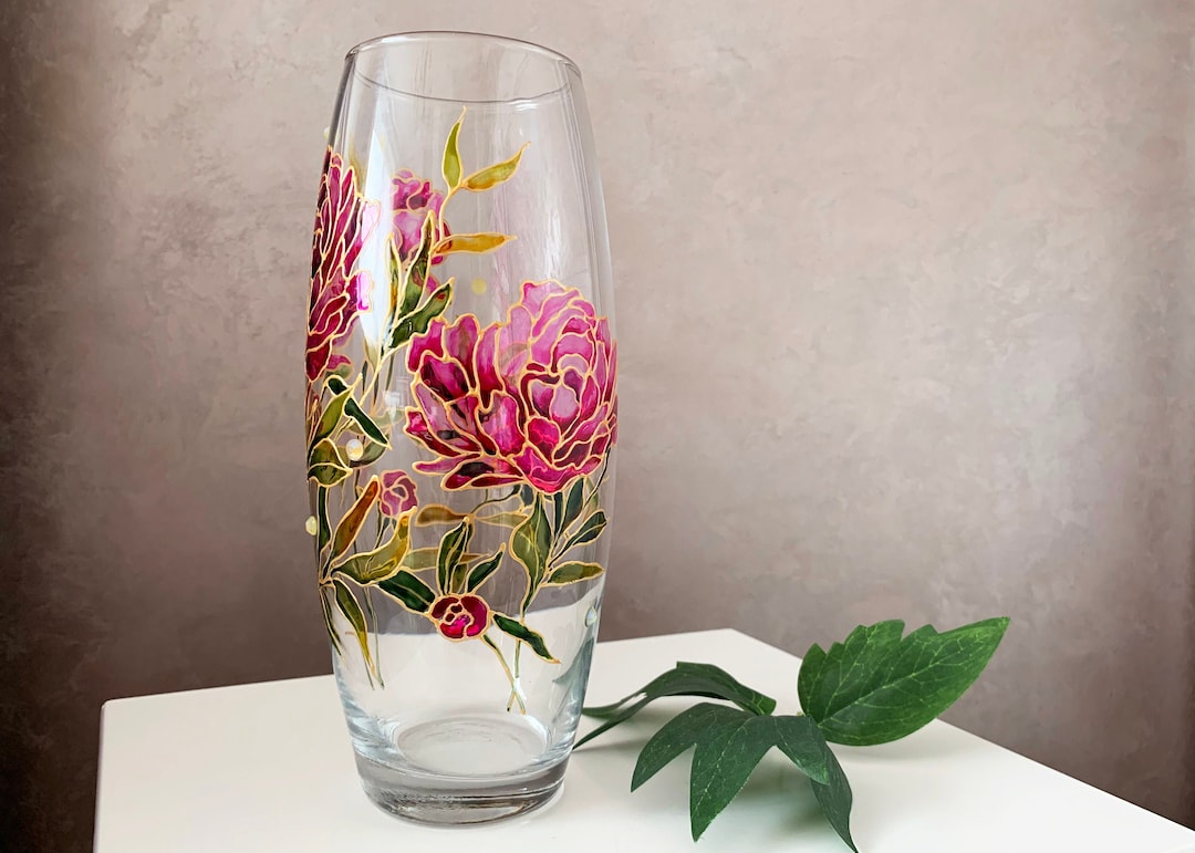 Stained Glass Hand Painted Vase Handpainted Personalized Vase With Peony Flowers Round Glass ...