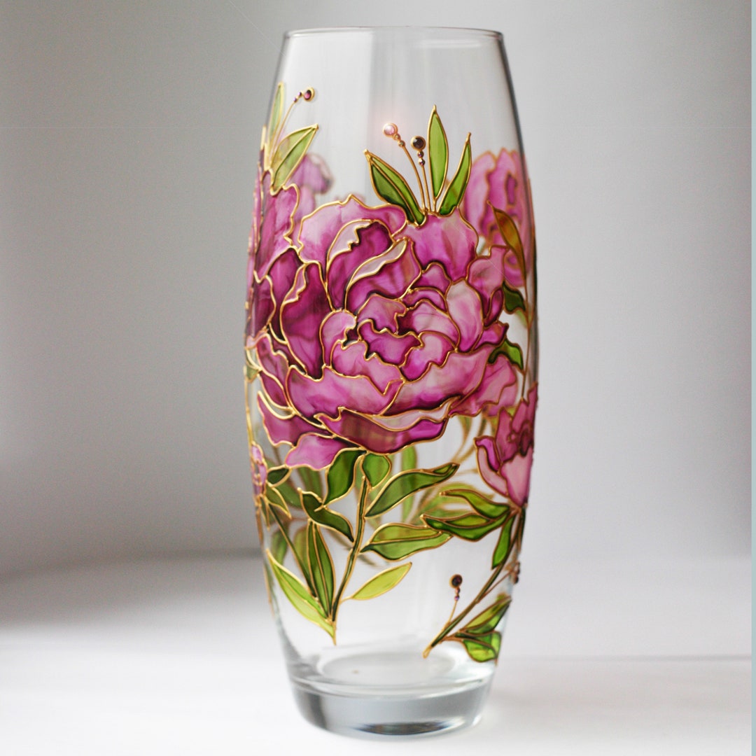 Stained Glass Hand Painted Vase Handpainted Personalized Vase With Peony Flowers Round Glass ...