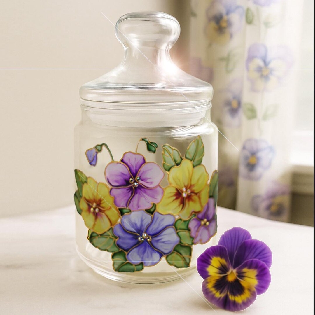 Hand Painted Pansies Sugar Jar, Coffee Tea Sugar Spices Cereals Glass ...