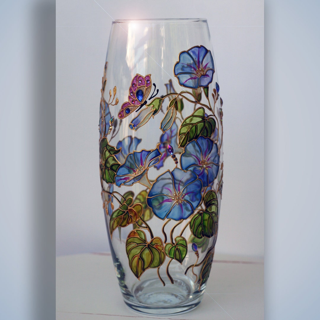 Vase With Morning Glory Flowers Stained Glass Hand Painted Vase Blue Wildflowers Handpainted ...