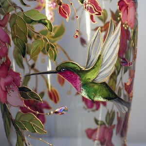 Vase With Hummingbird and Flowers Stained Glass Hand Painted Vase ...