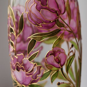 Stained Glass Hand Painted Vase Handpainted Personalized Vase With Peony Flowers Round Glass ...