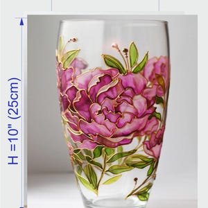 Stained Glass Hand Painted Vase Handpainted Personalized Vase With Peony Flowers Round Glass ...
