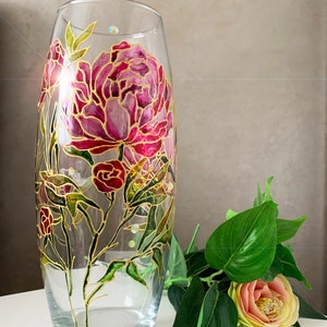 Stained Glass Hand Painted Vase Handpainted Personalized Vase With Peony Flowers Round Glass ...
