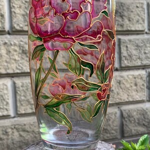 Stained Glass Hand Painted Vase Handpainted Personalized Vase With Peony Flowers Round Glass ...