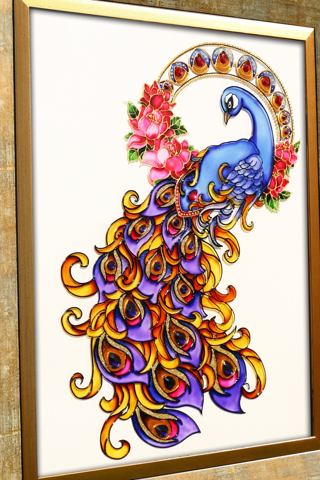 Buy Peacock Painting On Glass With Glass Crystals Stained Glass buy-peacock-painting-on-glass-with-glass-crystals-stained-glass