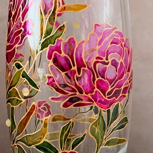 Stained Glass Hand Painted Vase Handpainted Personalized Vase With Peony Flowers Round Glass ...