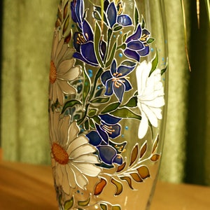 Vase With Bells and Daisies Stained Glass Hand Painted Vase Wildflowers Handpainted Personalized ...