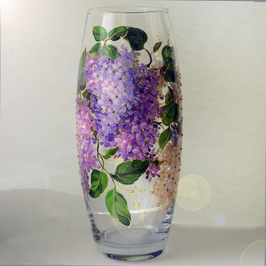 Personalized Lilac Vase Glass Vase Hand Painted Vase With Lilac 10 Inch ...
