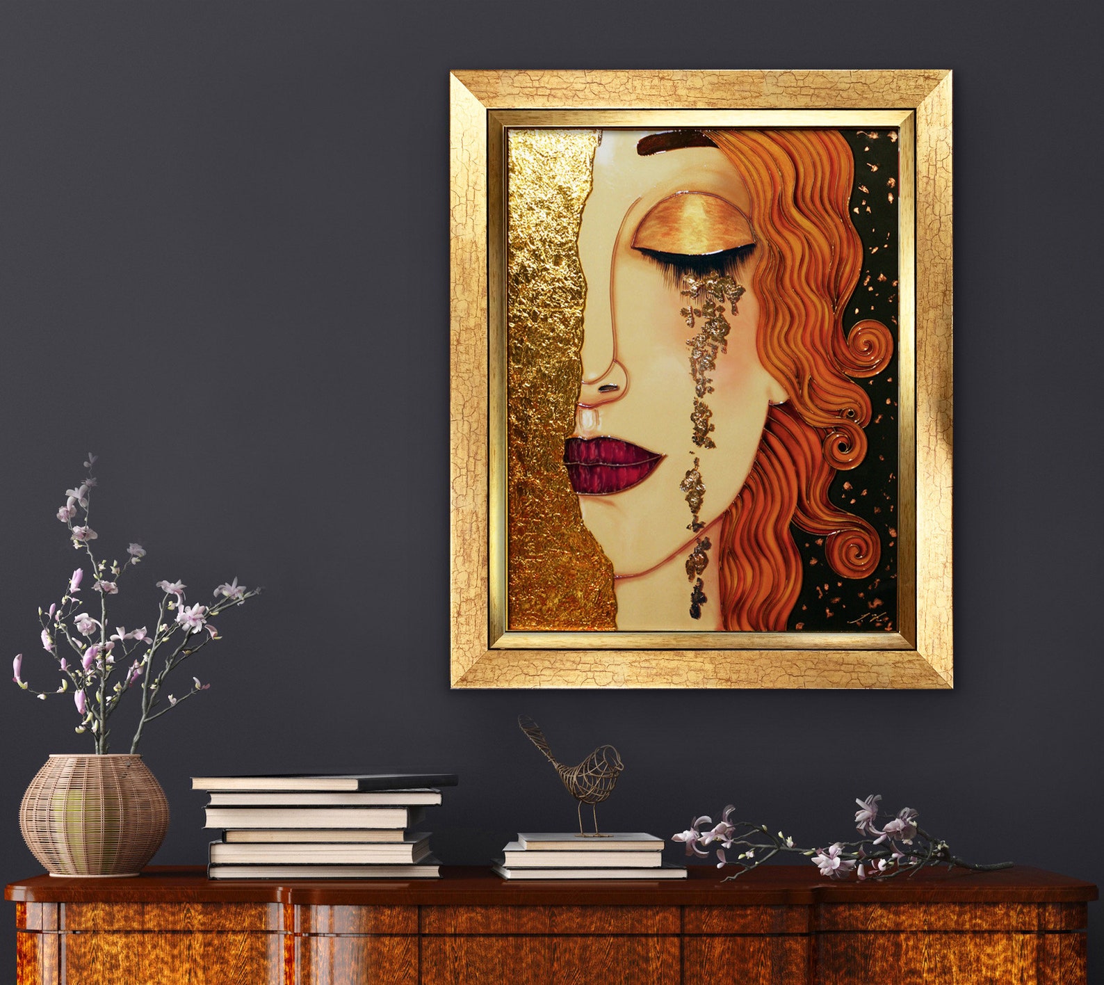 Golden Tears Stained Glass Painting Framed Glass Wall Art Original ...