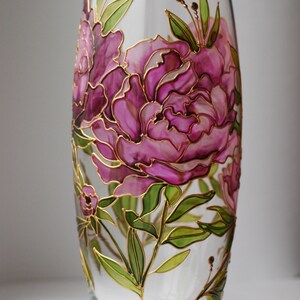 Stained Glass Hand Painted Vase Handpainted Personalized Vase With Peony Flowers Round Glass ...