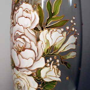 Vase With White Roses and Peonies Stained Glass Hand Painted Vase Handpainted Personalized ...