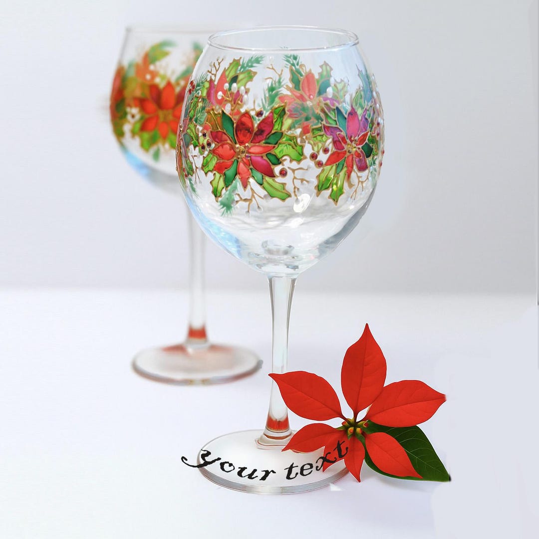 Hand Painted Wine Glasses, Poinsettia Goblets, Holiday Stemware Gift ...