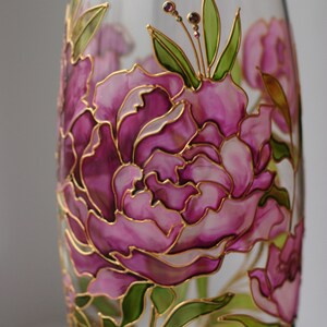 Stained Glass Hand Painted Vase Handpainted Personalized Vase With Peony Flowers Round Glass ...