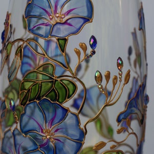 Vase With Morning Glory Flowers Stained Glass Hand Painted Vase Blue Wildflowers Handpainted ...