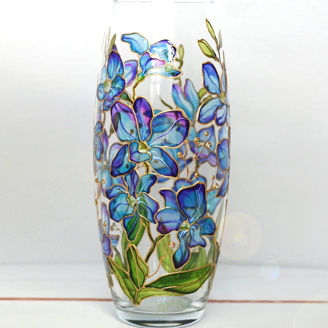 Vase With Blue Orchid Stained Glass Hand Painted Vase Handpainted Personalized Glass Vase With ...