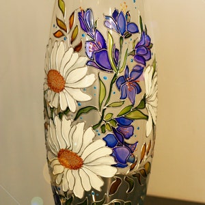 Vase With Bells and Daisies Stained Glass Hand Painted Vase Wildflowers Handpainted Personalized ...
