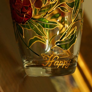 Stained Glass Hand Painted Vase Handpainted Personalized Vase With Peony Flowers Round Glass ...